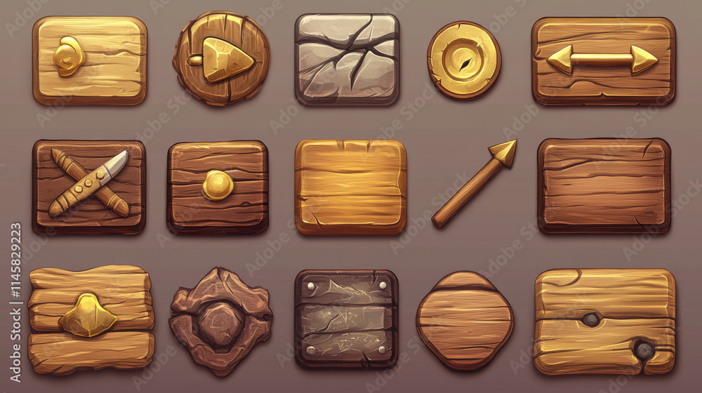 Game buttons of wooden and gold texture, cartoon menu interface ...