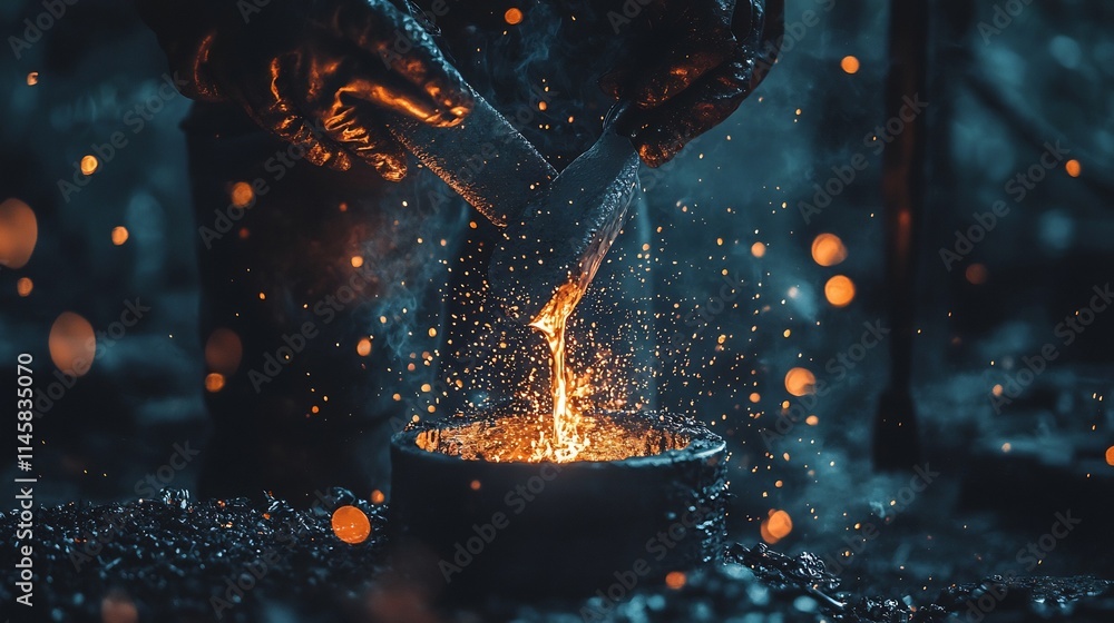 Blacksmith Pouring Molten Steel into Sword Mold under Warm Forge Light ...