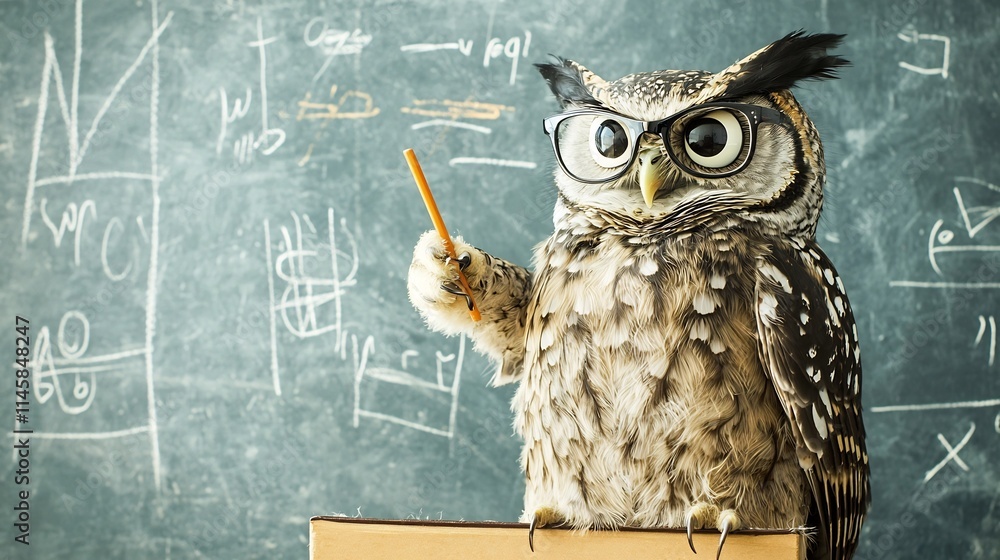 Wise Owl Professor Holding Pointer in Front of Chalkboard with Math ...