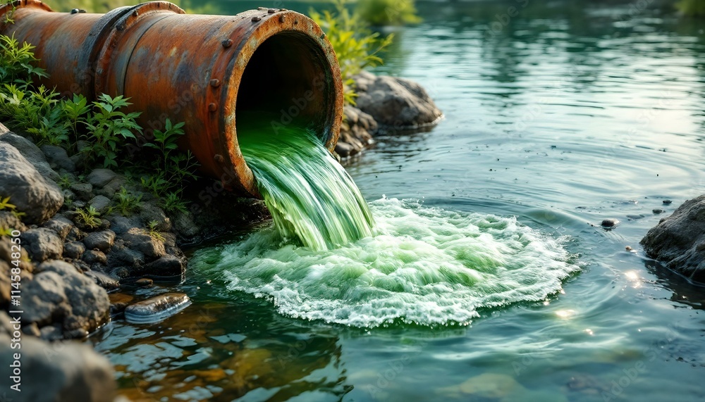 Polluted green water pours from a pipe into a stream, emphasizing the ...