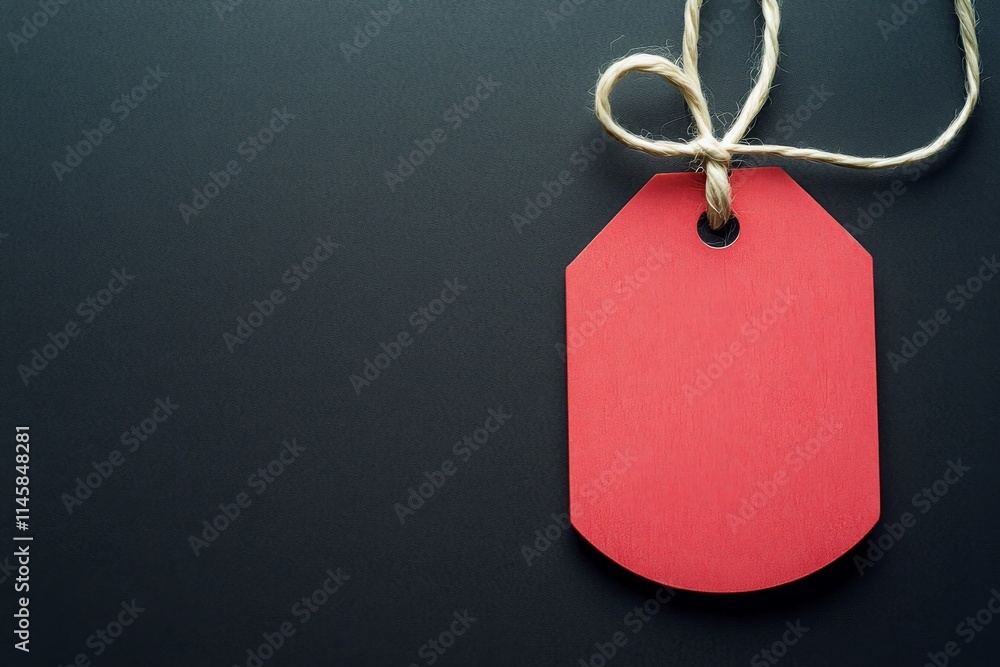 Blank red tag suspended with white string, clean black background Stock ...