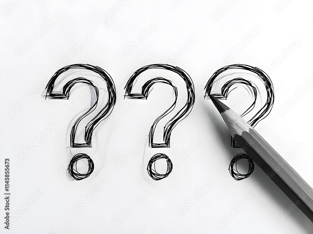 Black pencil sketch of question marks on a white background, for ...
