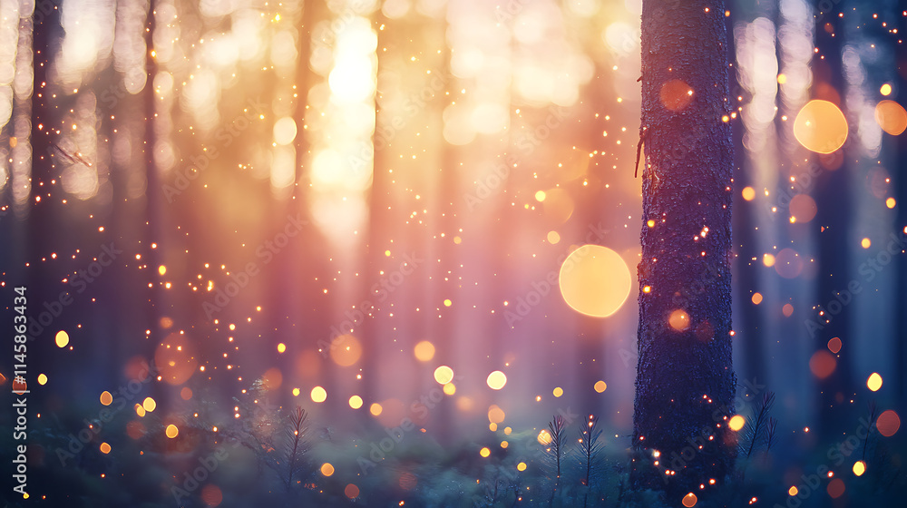 Enchanted Forest at Sunset: Magical fireflies dance in a sun-drenched ...