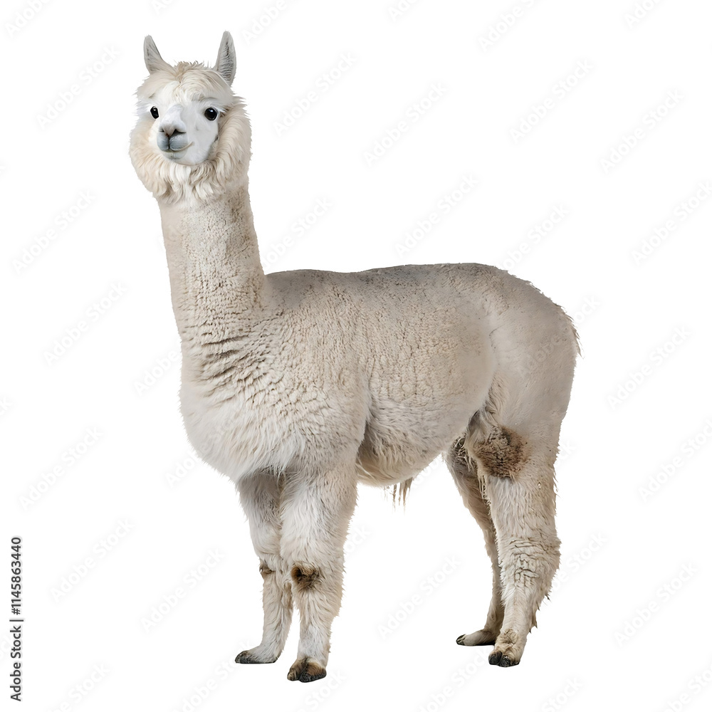 Realistic photo of full body a fluffy alpaca with soft white wool ...