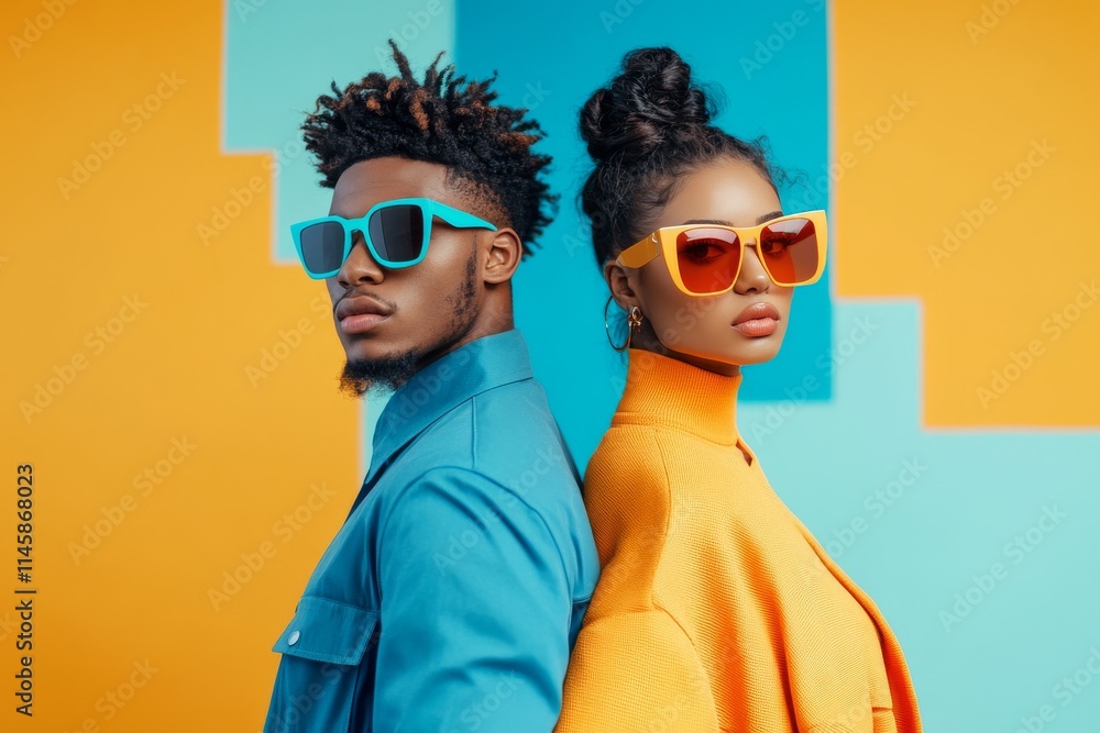 Stylish young couple poses in vibrant urban setting with bold ...