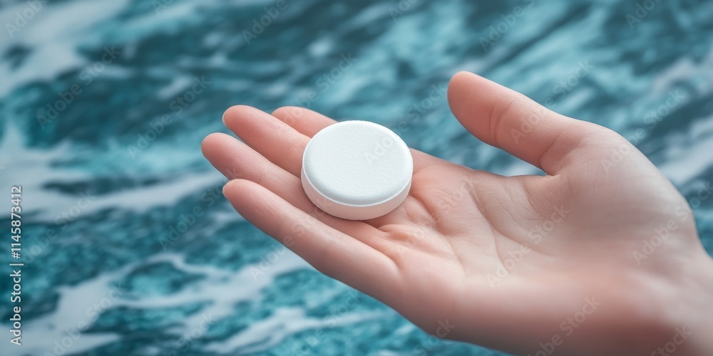 Hand holding a dissoluble tablet for cleaning detergent refill. This ...