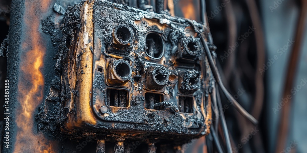 A closeup showcasing a burnt junction box along with remnants of cables ...