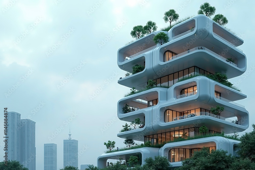 Futuristic multi-story building with interconnected rectangular levels ...