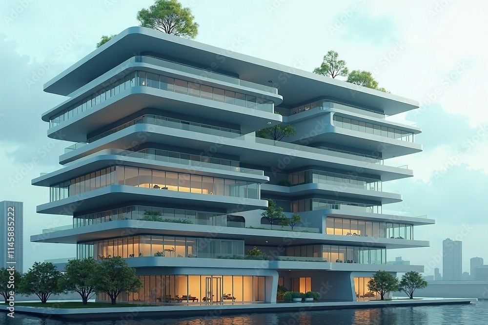Futuristic multi-story building with interconnected rectangular levels ...