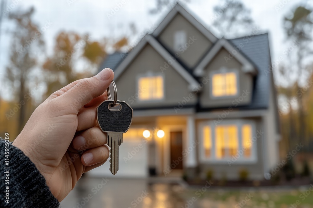 The image captures a homebuyer proudly holding out a key towards a ...