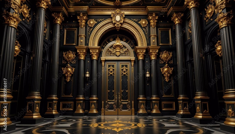 gold and black baroque style portal of a palace, columns interior ...