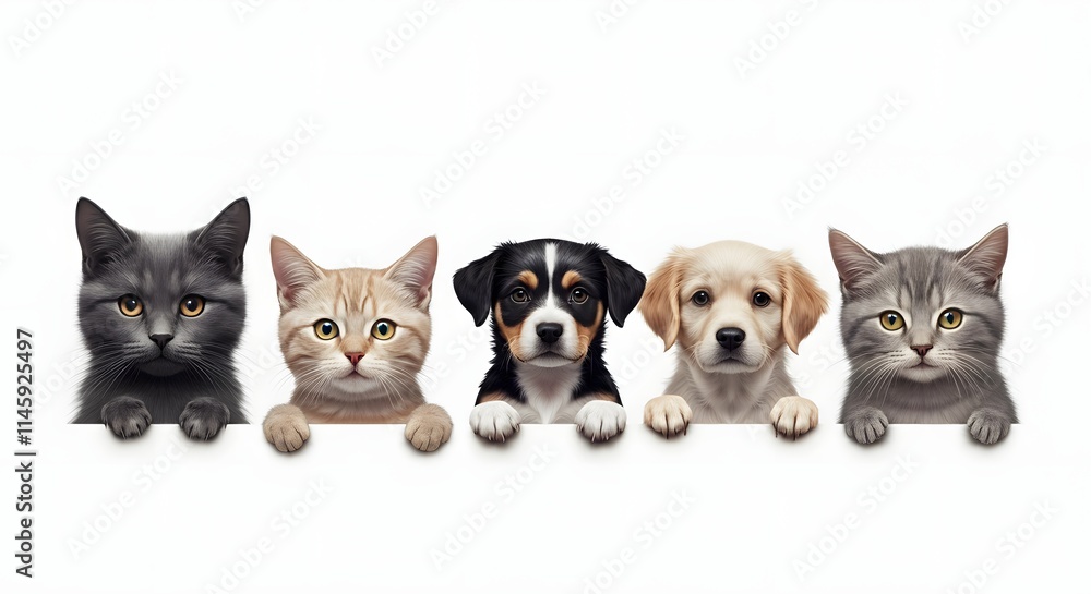 A hyper-realistic image of cats and dogs peeking over a white edge ...