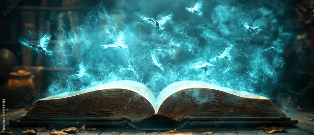 Fantasy scene of an open book releasing glowing ethereal wisps that ...