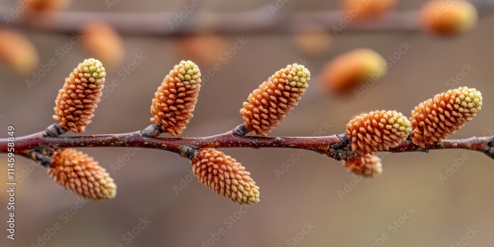 Close up view of common alder branches showcasing male catkins. The ...