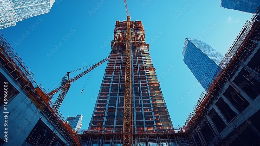 Futuristic skyscraper under construction steel beams cranes rise above ...