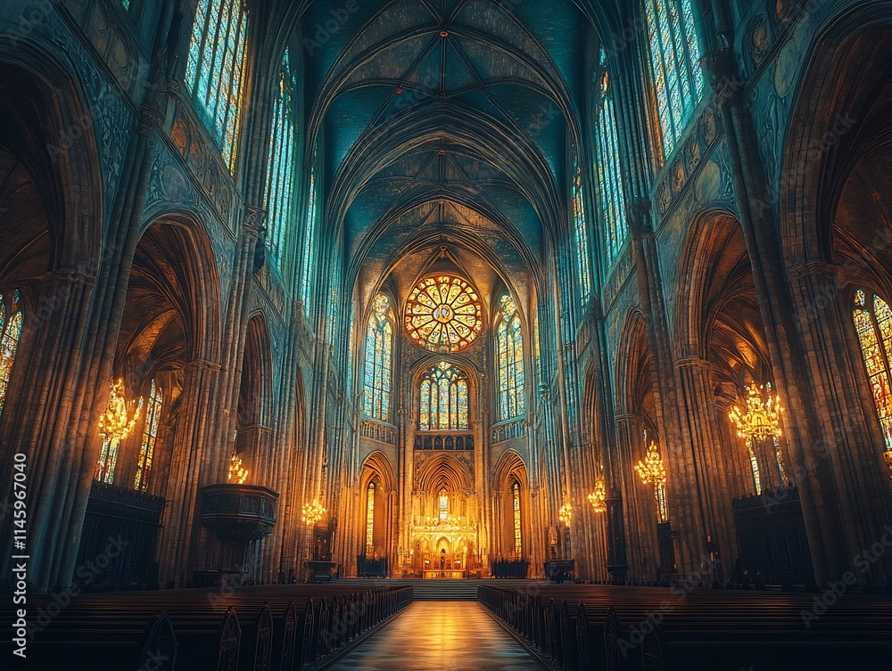 Gothic architecture cathedral high vaulted ceilings stained glass windows dimly lit interior ...