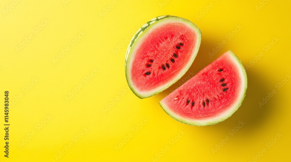 Bright yellow background featuring fresh red watermelon cut into two ...