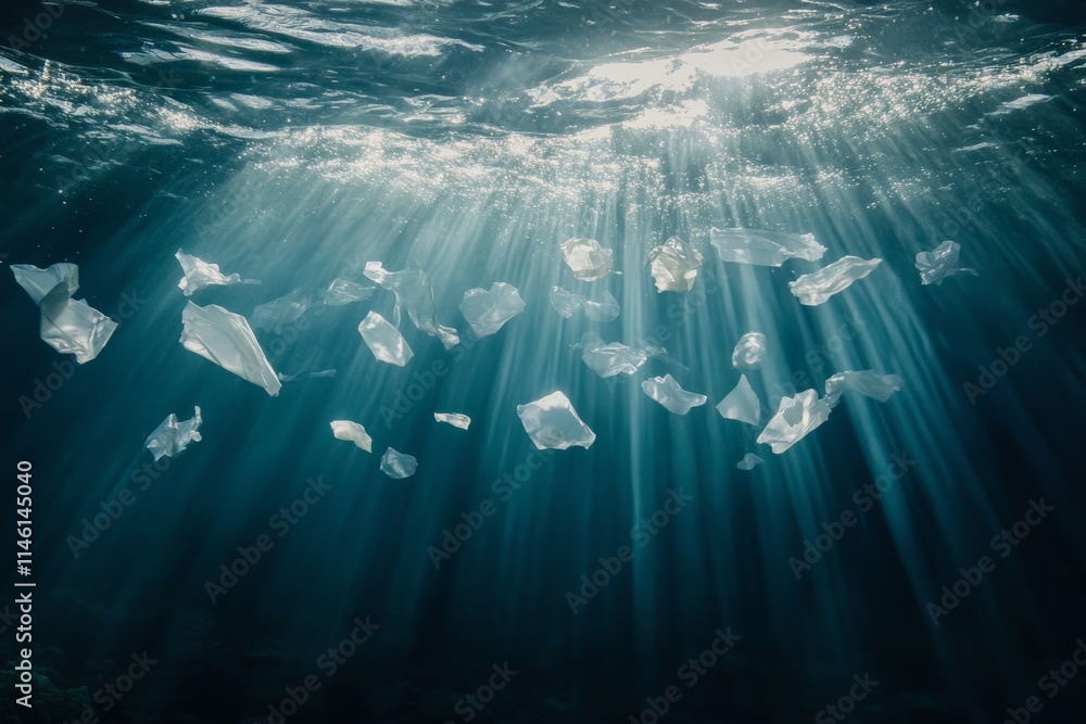 Underwater scene featuring various plastic debris suspended amidst ...