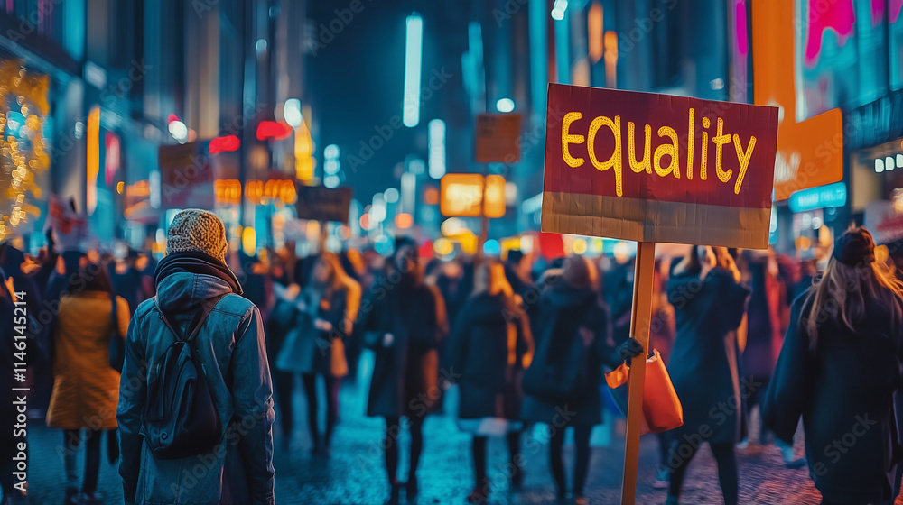 Protest march with equality signs and passionate expressions for social ...