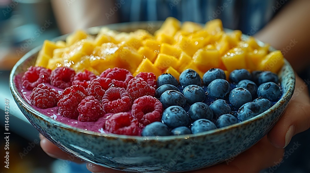 Hyper-detailed 8K person crafting a vibrant acai bowl with assorted ...