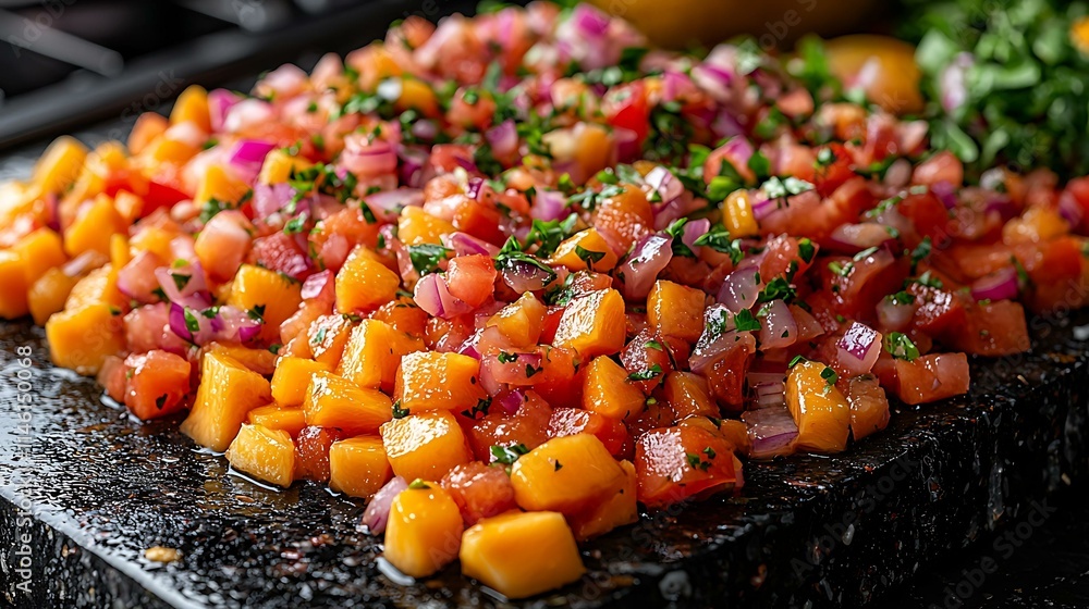 Ultra-realistic 8K couple making a mango salsa recipe with diced ...