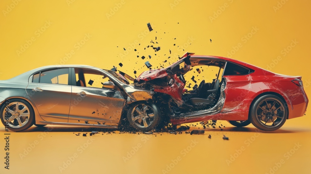 A realistic car crash where a silver sedan is T-boned by a red sports ...