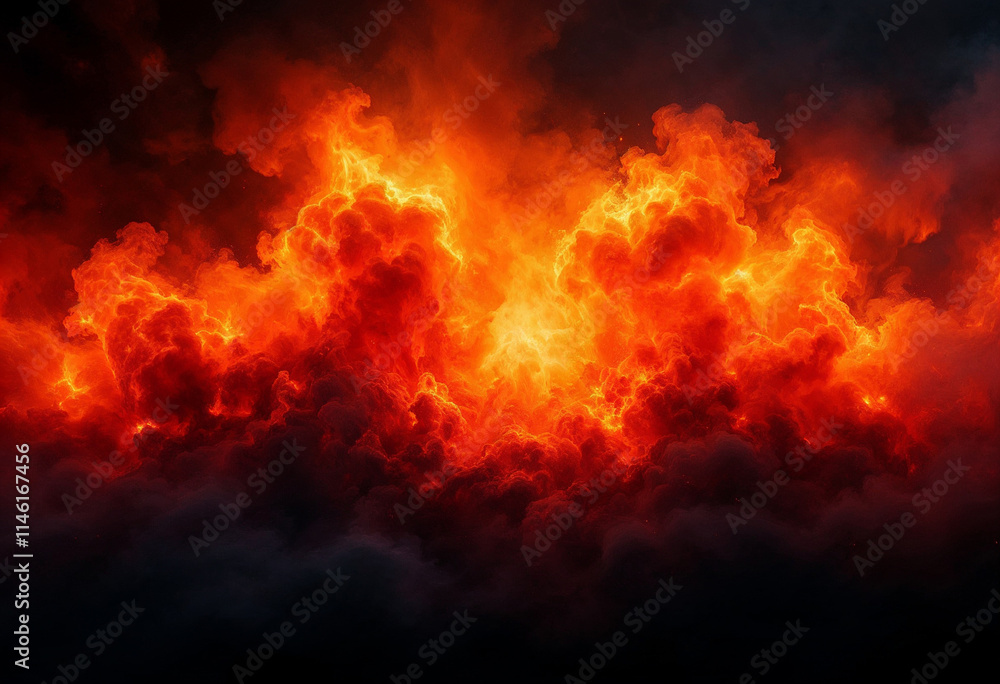 Fierce fiery detonation, smoky textures swirling, radiant red-yellow ...