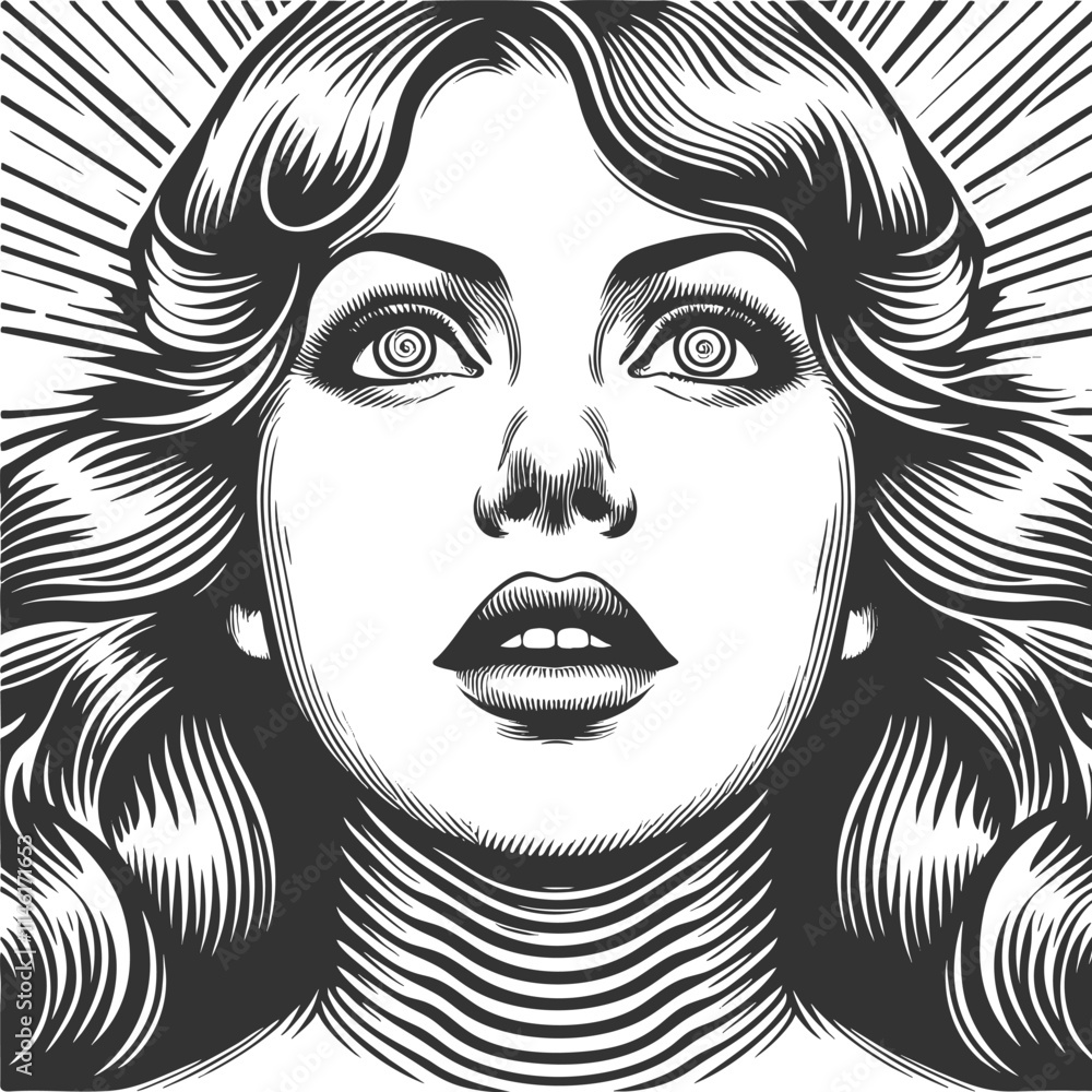 Hypnotized woman with hypnotic spiral eyes, capturing a retro, surreal ...