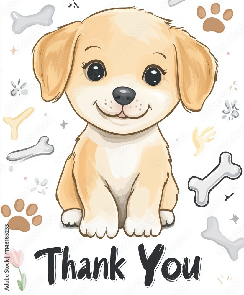 Cartoon illustration of a cream-colored puppy with bones and paw prints ...