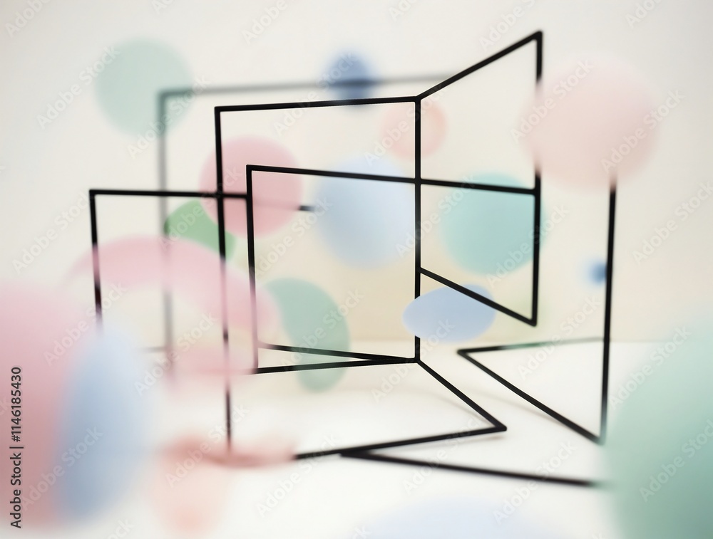 Dynamic arrangement of geometric shapes and soft pastel colors creating ...