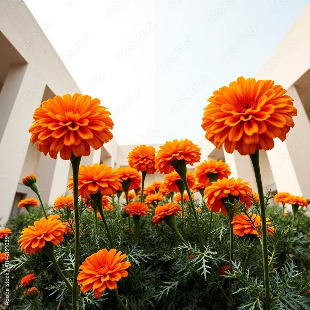 Architectural color photograph of marigolds with distinct split ...
