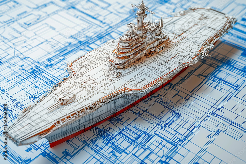 Paper model of an aircraft carrier on a blueprint.. Stock Illustration ...