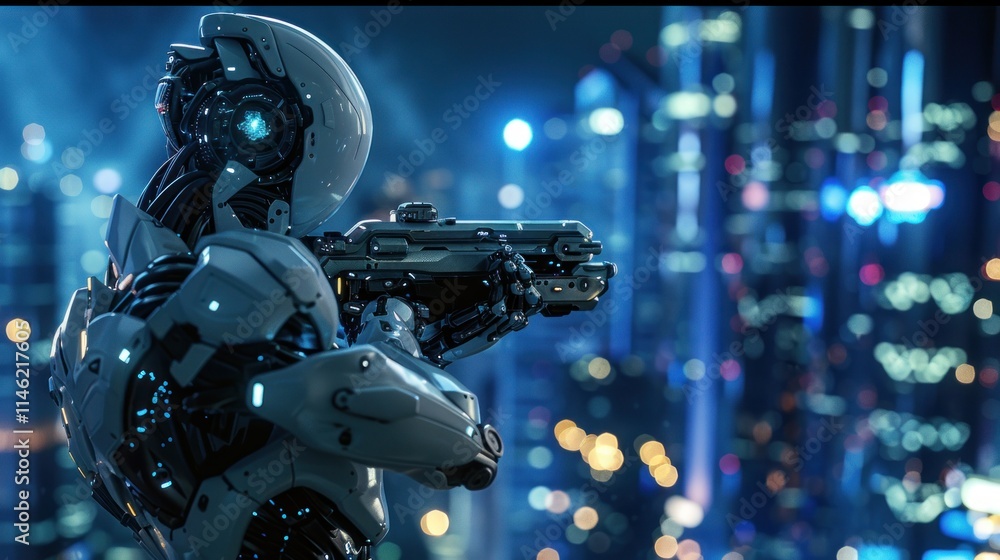 Cyberpunk super soldier armed with supersonic weapons in cyber city on ...