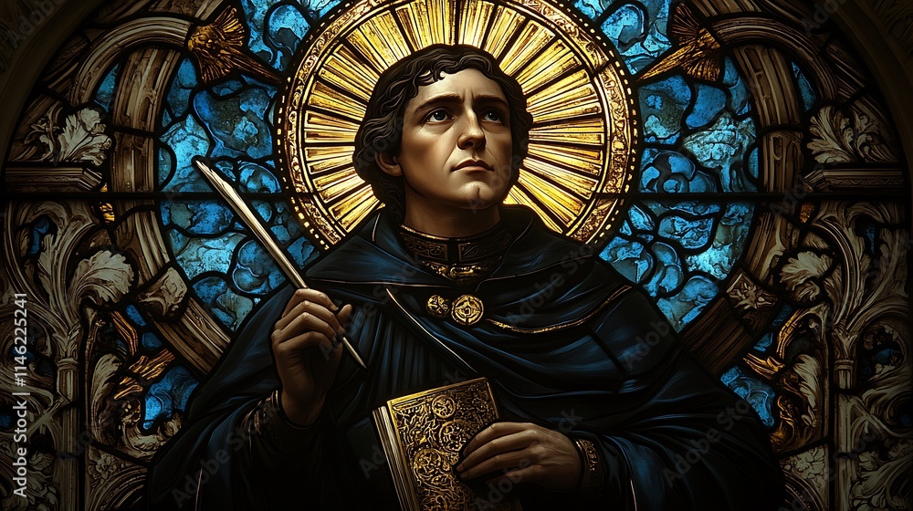 Saint Thomas Aquinas in a vibrant stained-glass depiction, holding a ...