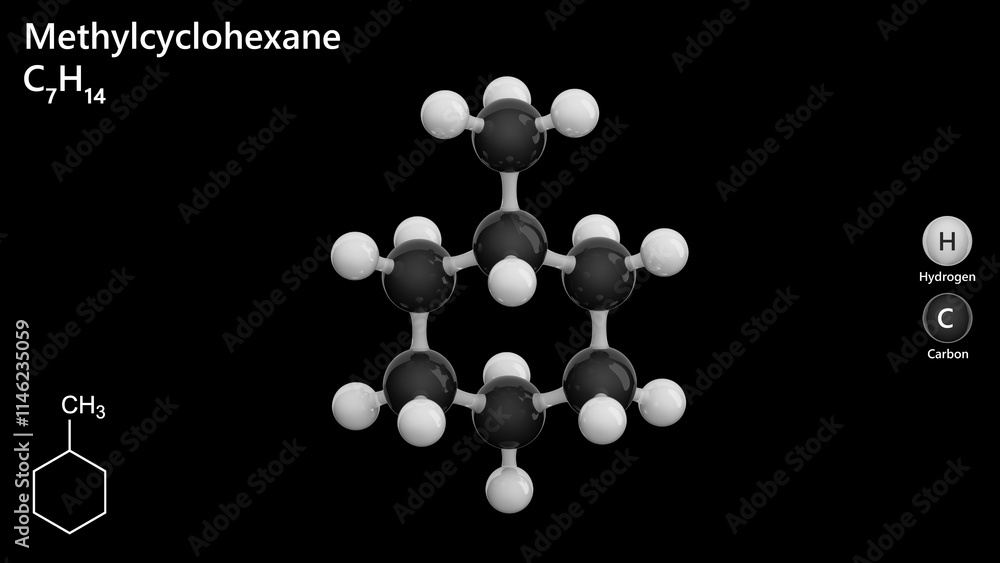 Molecule: Methylcyclohexane. Cycloalkane. Molecular structure. Formula ...