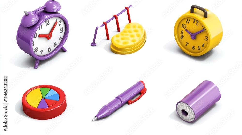 Colorful 3D icons of alarm clock, playground, timer, pie chart, pen ...