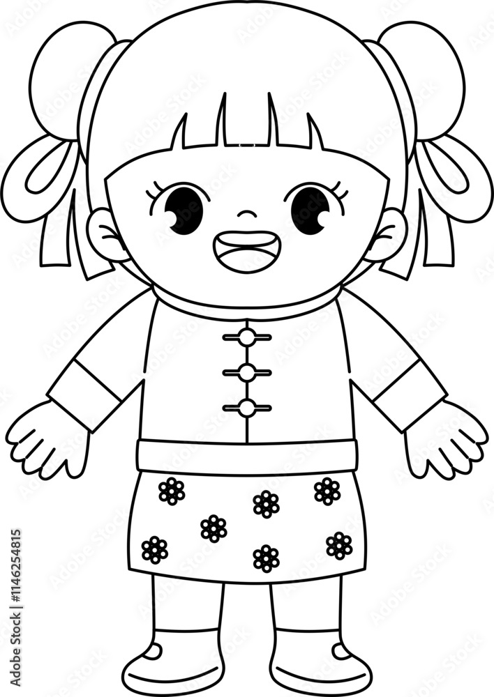 kid celebrating chinese new year outline coloring printable Stock ...
