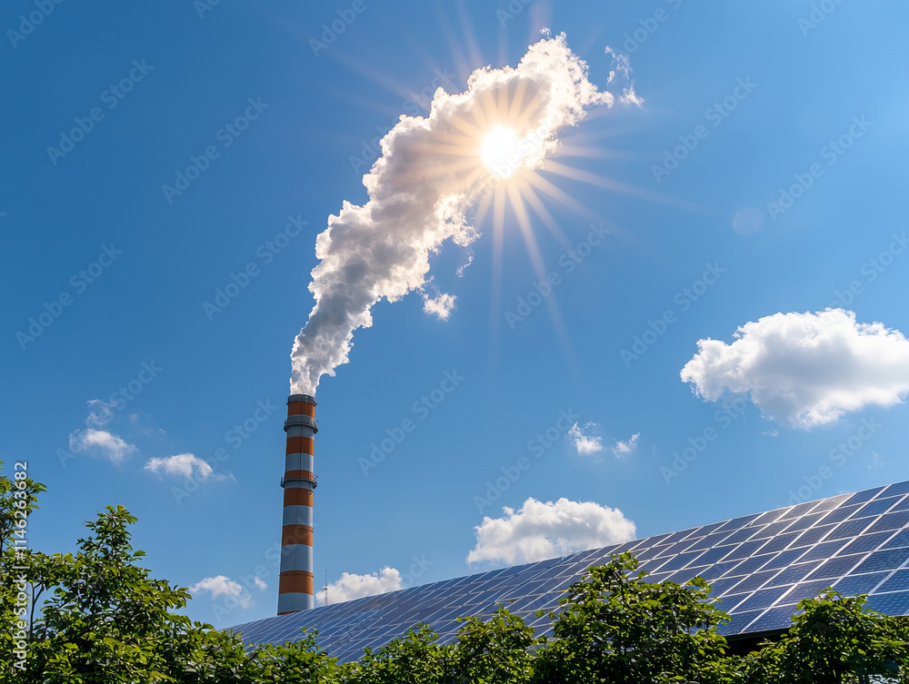 factory chimney emits minimal smoke under sunny sky, surrounded by ...