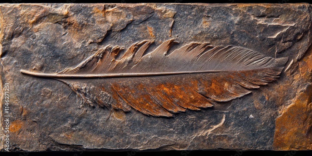 Ancient bird feather fossil imprint showcasing intricate details of ...