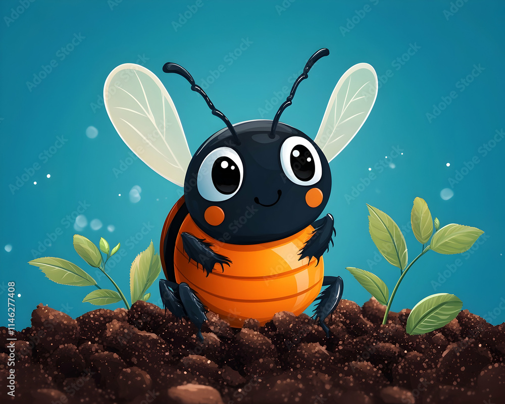 Cute cartoon bee pollinating plants in garden; children's book ...
