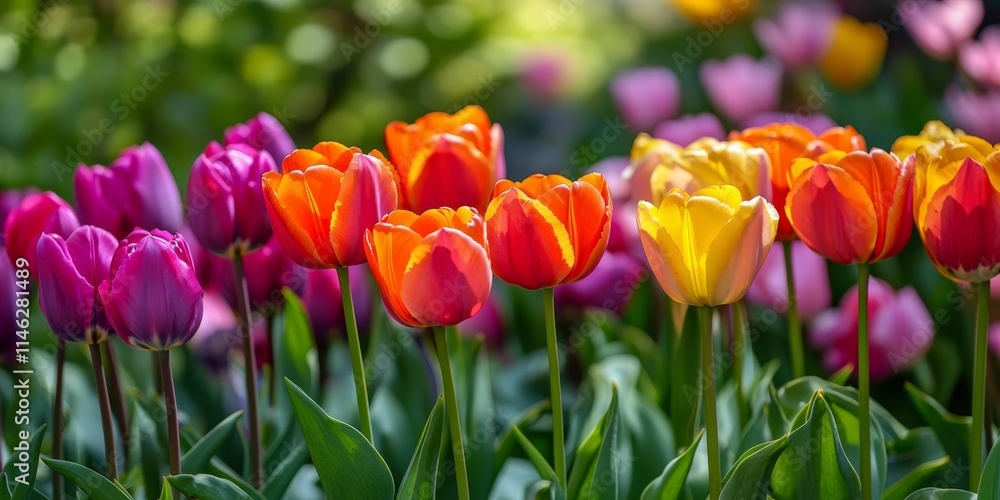 Tulip flowers in a vibrant garden create a stunning backdrop, perfect ...