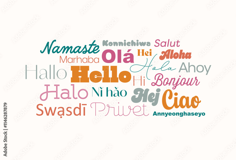 Text typography with word hello in different languages. French bonjour, spanish hola, japanese ...