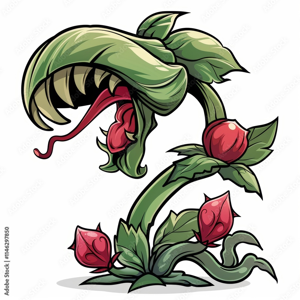 Cartoon illustration of a green carnivorous plant with a large mouth ...