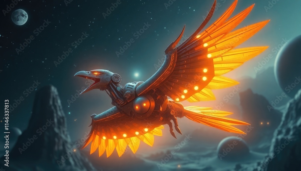 4K HD Wallpapers Surreal Mechanical Bird With Glowing Wings, Flying ...