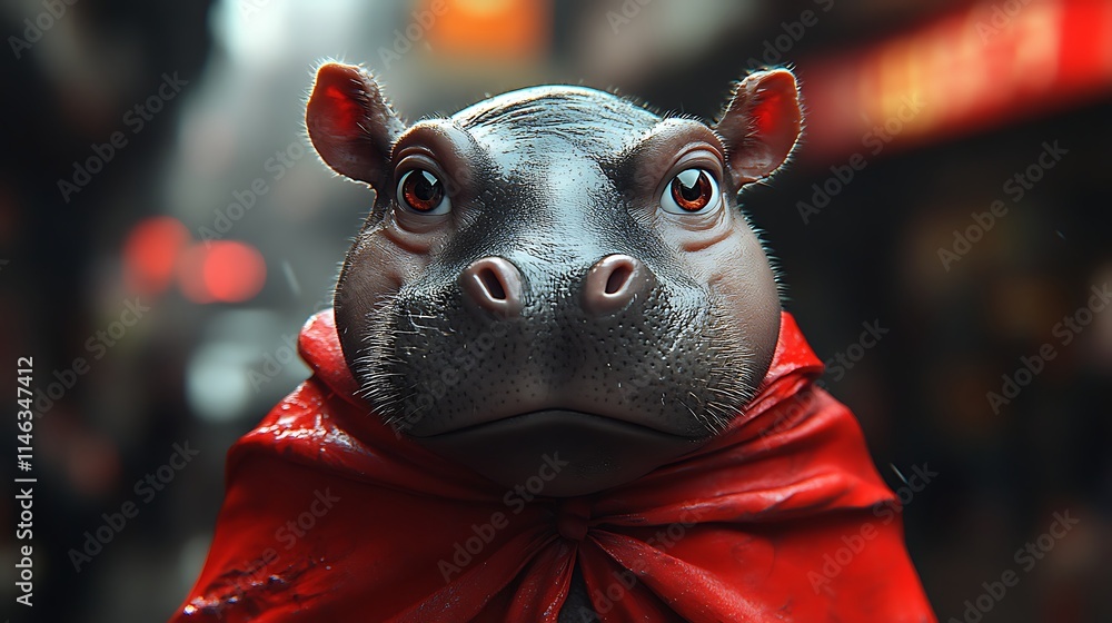Hippopotamous Superhero:Close-up of a hippopotamus wearing a red cape ...