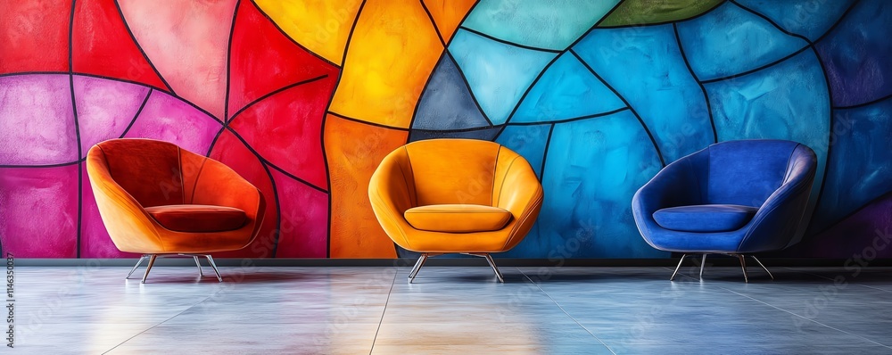 Colorful modern chairs contrasting against a vivid abstract mural wall ...