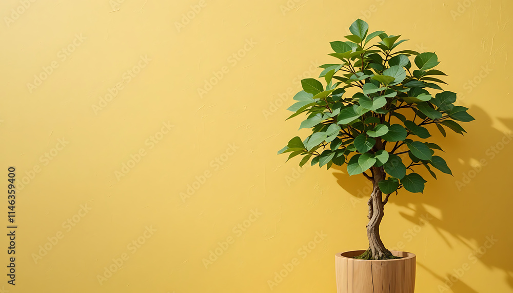 Soft yellow wall with a fiddle leaf fig tree standing tall in a natural ...