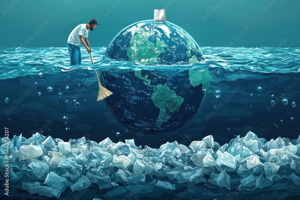 Man Cleans Earth Representing Environmental Responsibility and ...