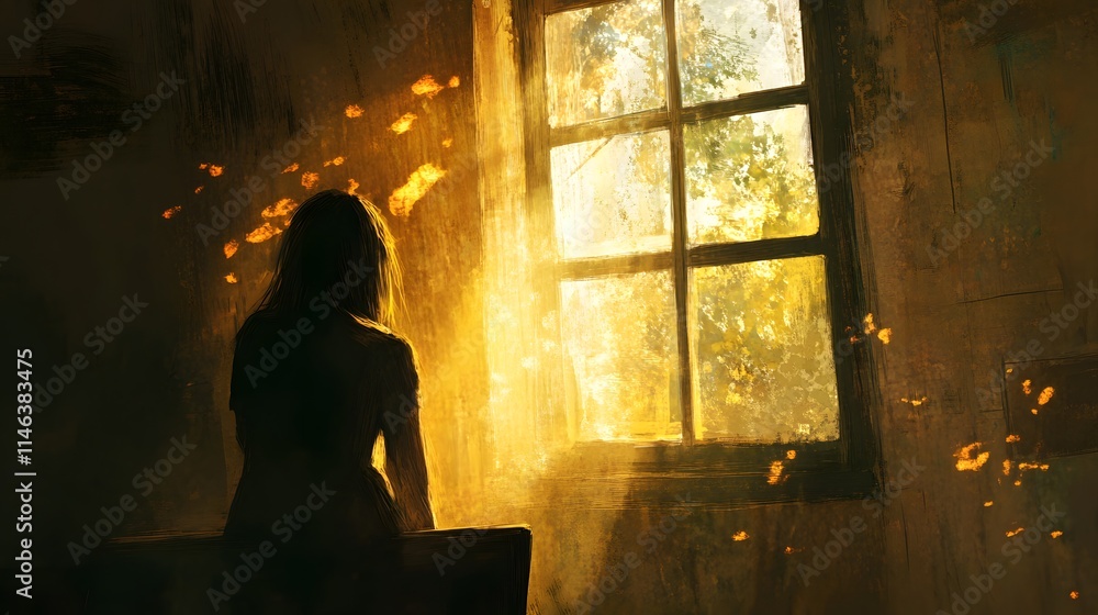 Woman gazing out a window with sunlight pouring in representing hope ...