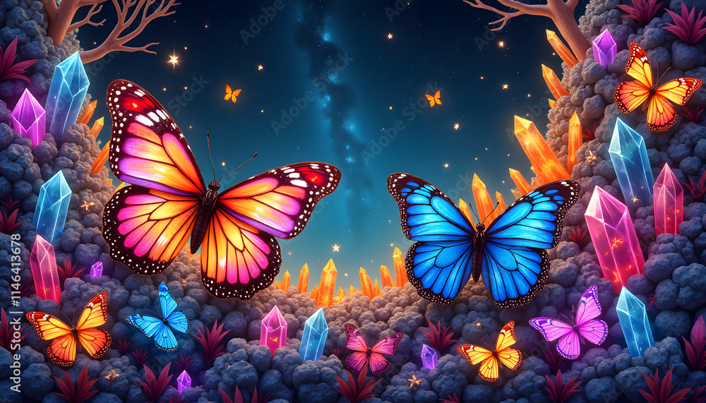Mixed media artwork of prismatic butterflies surrounded by vibrant ...